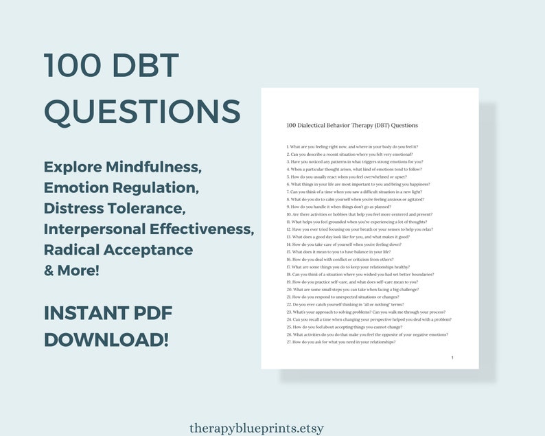 100 DBT Therapy Questions List - Digital Download, Therapist Session ...