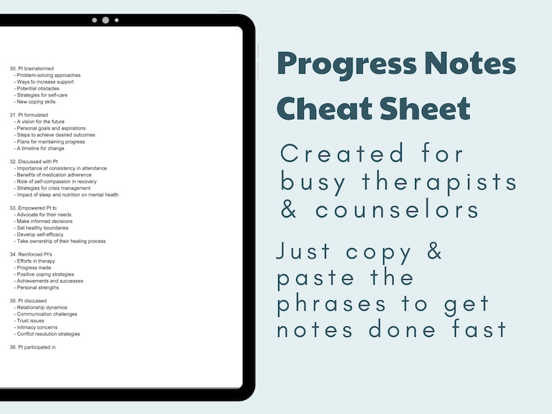 Therapy Progress Note Cheat Sheet: 135+ Sentence Starters (23-page PDF ...