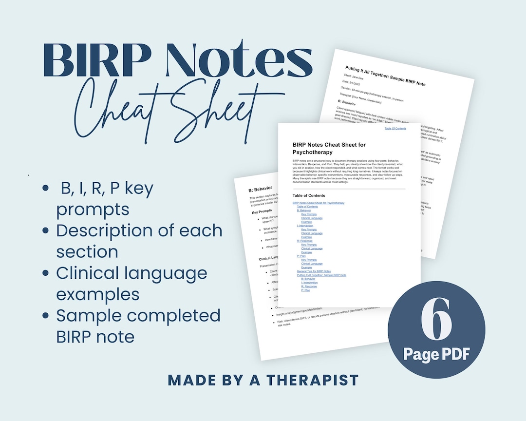 BIRP Notes Cheat Sheet for Therapists | Psychotherapy Documentation (6 ...