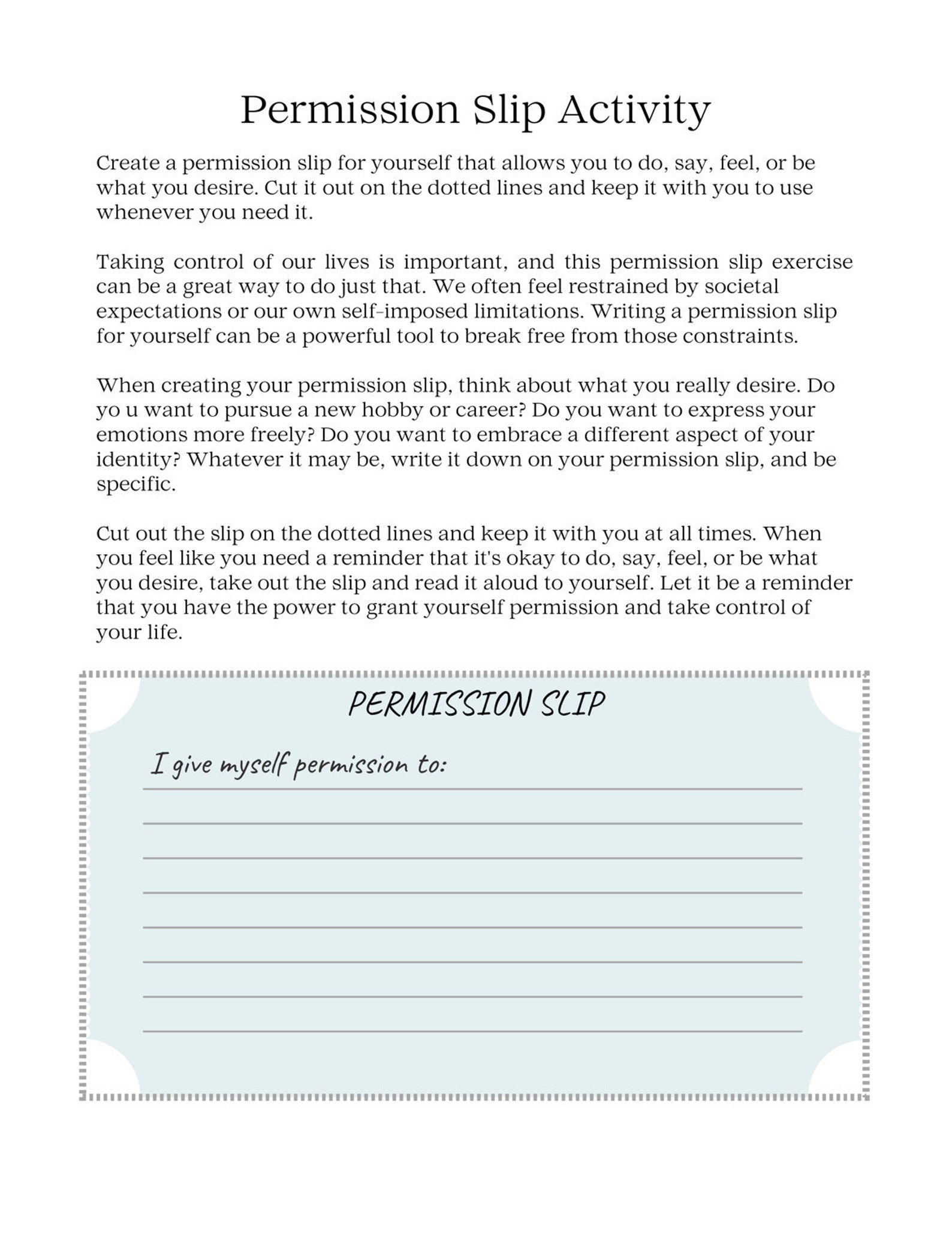 Therapy Permission Slip Activity: Mental Health Printable (PDF) - Etsy