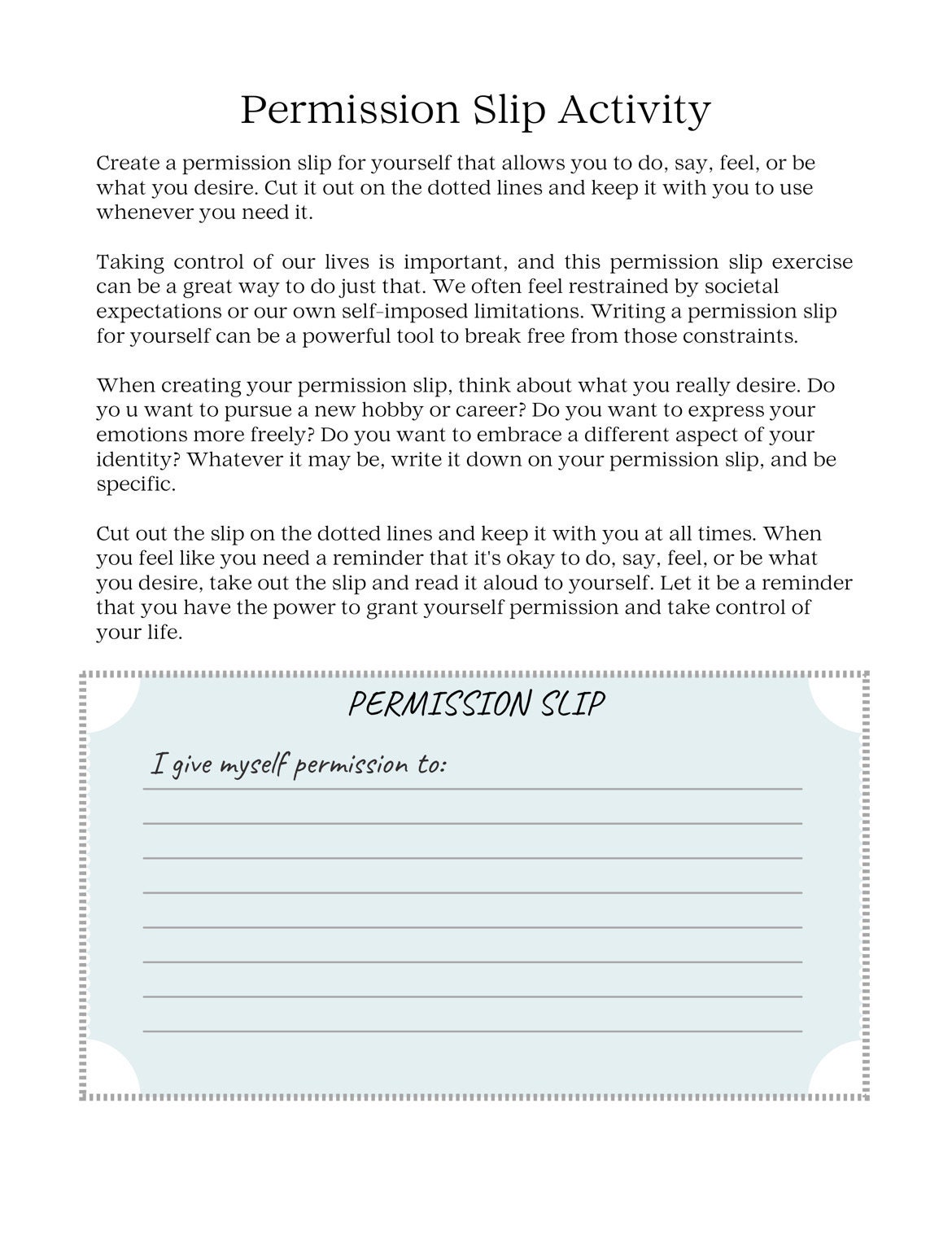 Therapy Permission Slip Activity: Mental Health Printable (PDF) - Etsy