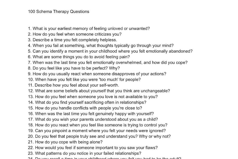 Schema Therapy Questions for Therapists: Client Session Prompts (PDF ...