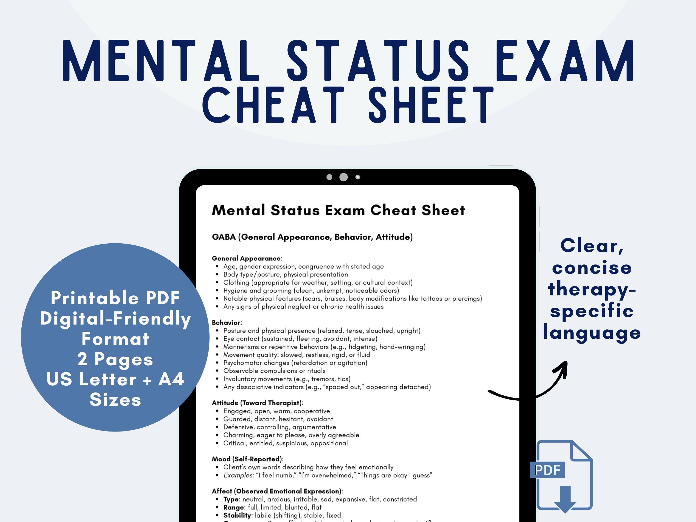Mental Status Exam Cheat Sheet for Therapists - 2-page Printable Desk ...