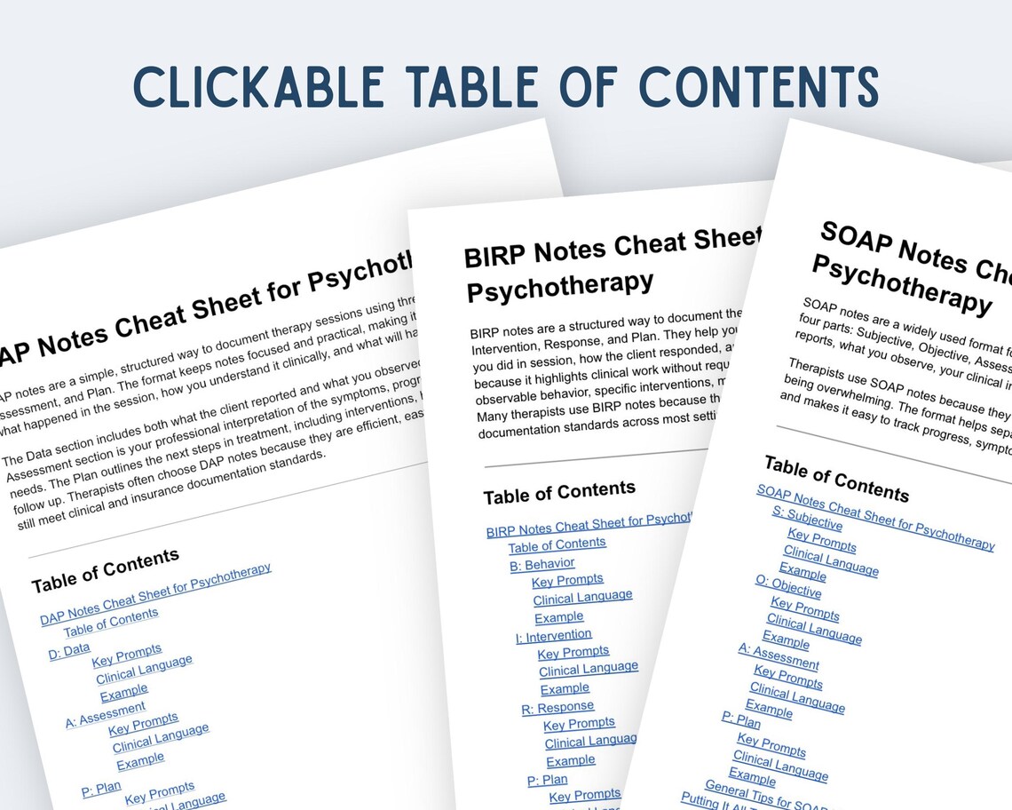 Therapy Progress Note Cheat Sheets | SOAP DAP BIRP Tempates | Clinical ...