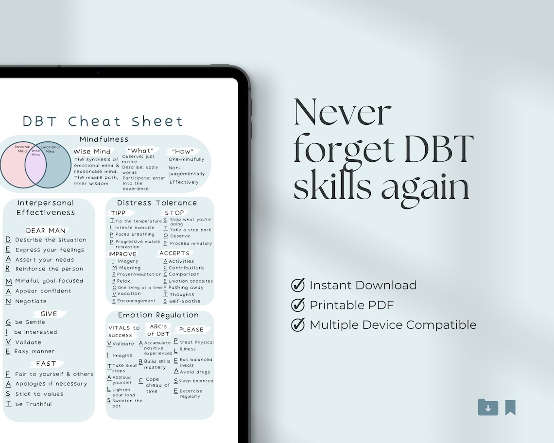 DBT Skills Cheat Sheet - Printable PDF for Therapists & Counselors ...