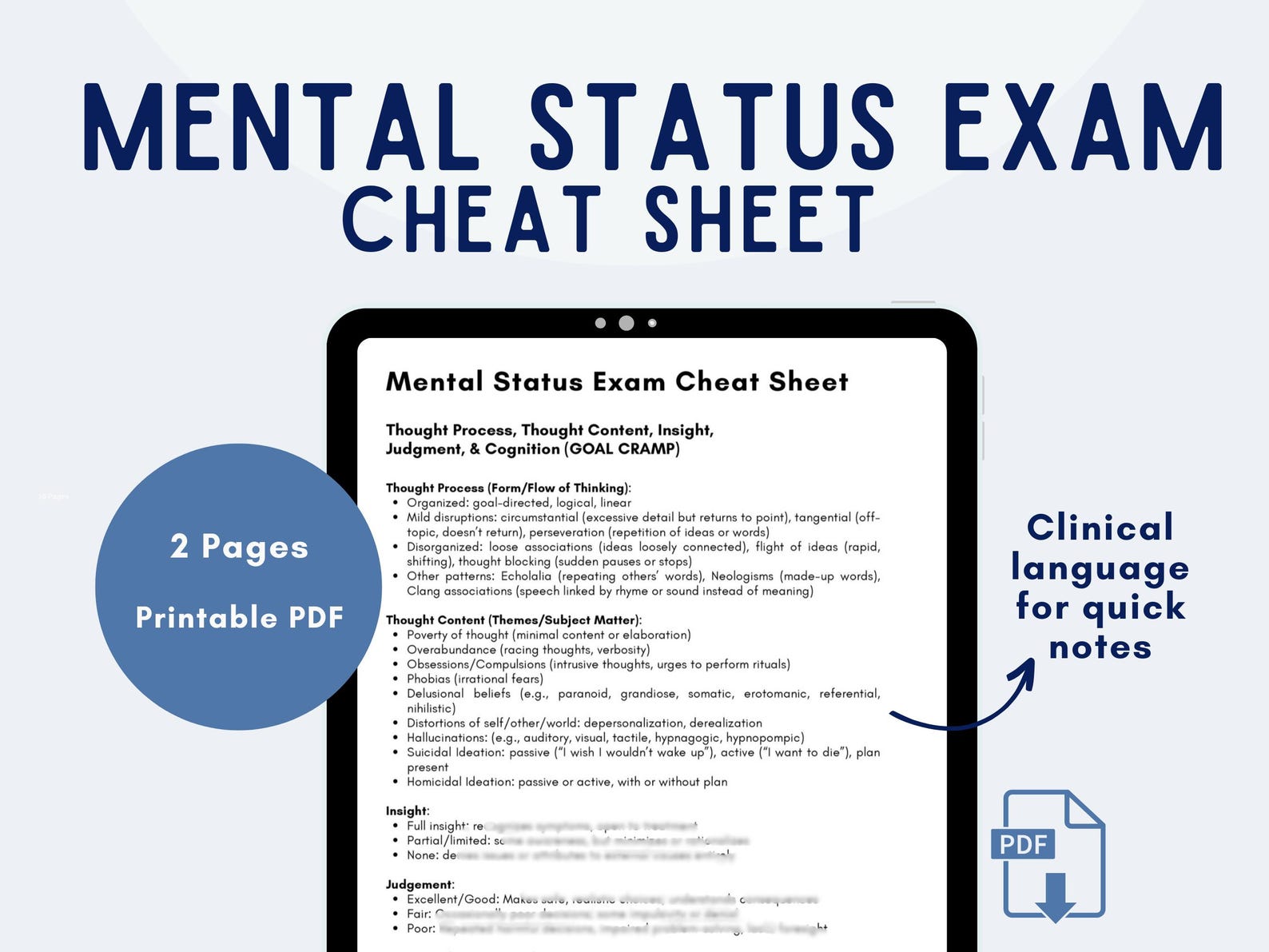 Mental Status Exam Cheat Sheet: Therapist Psychotherapy Assessment (PDF ...