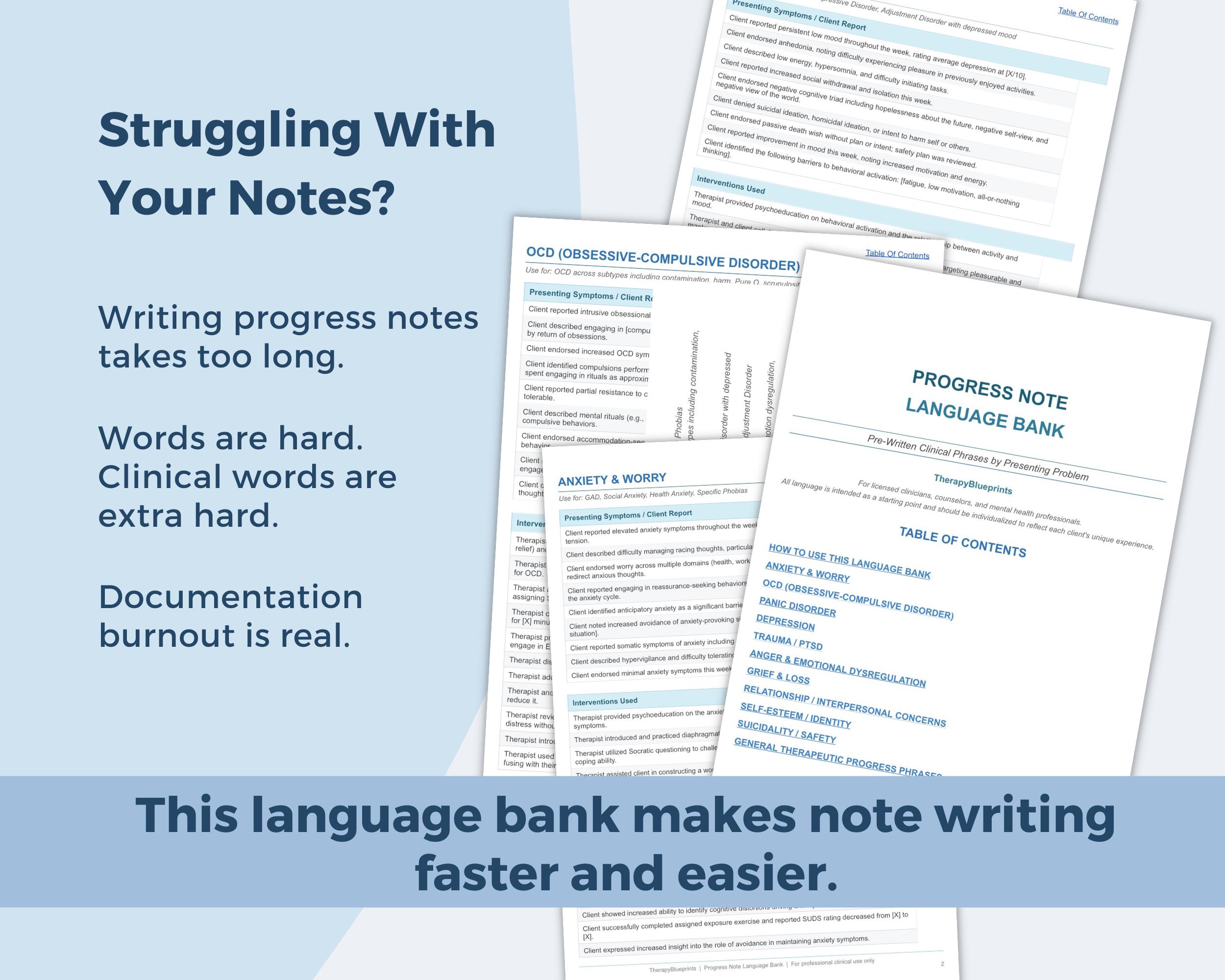 Therapy Progress Note Language Bank for Therapists | Clinical ...