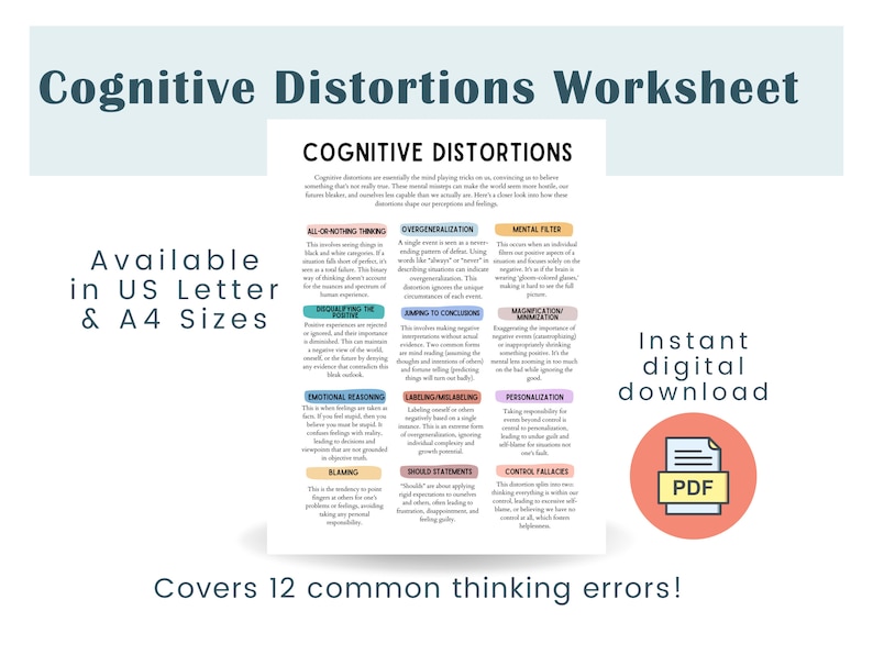 Cognitive Distortions Worksheet PDF - CBT Therapy Guide - Thinking ...