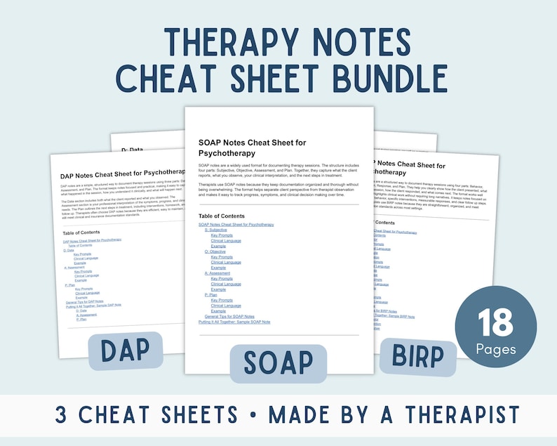 Therapy Progress Note Cheat Sheets | SOAP DAP BIRP Tempates | Clinical ...