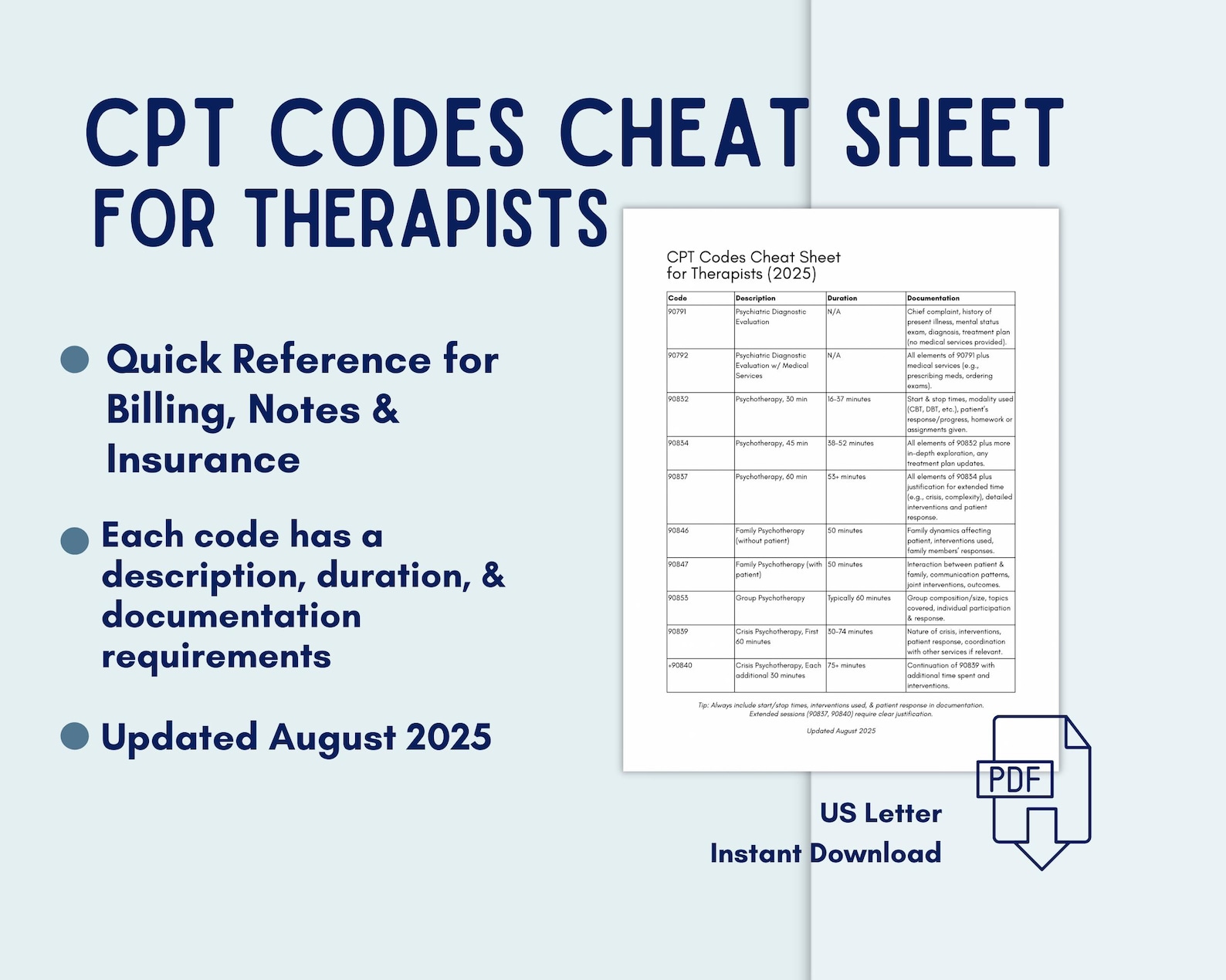 2025 CPT Codes Cheat Sheet for Therapists: Psychotherapy Billing Guide ...