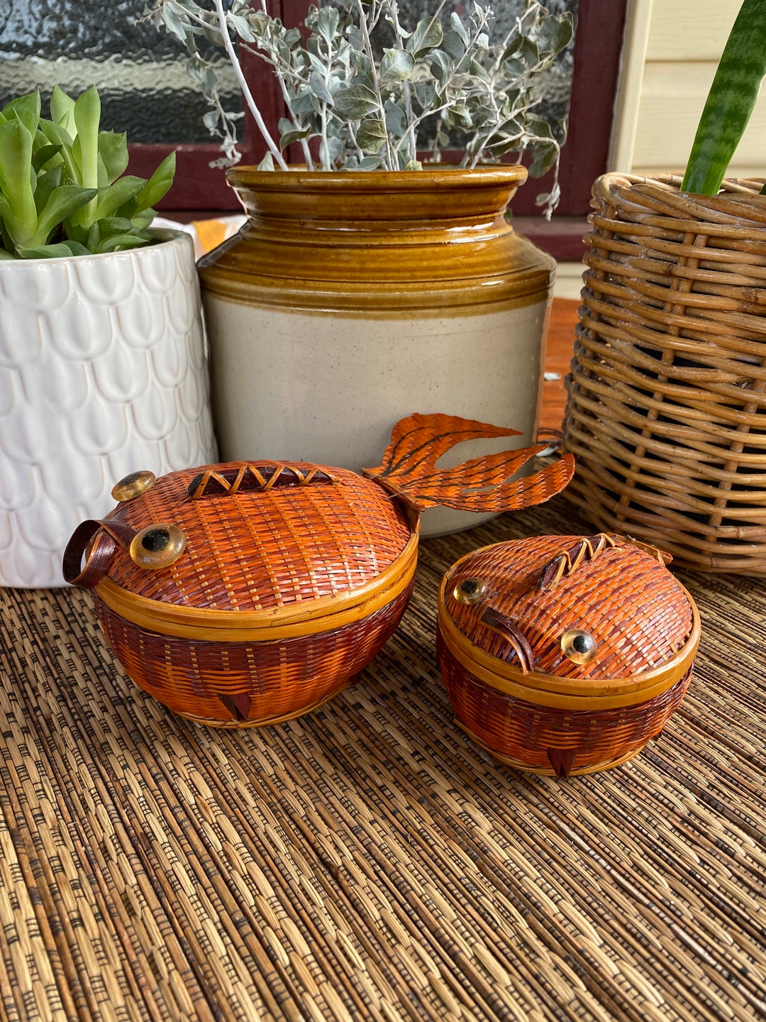 Vintage Woven Rattan Wicker Fish Baskets Set of Two - Etsy