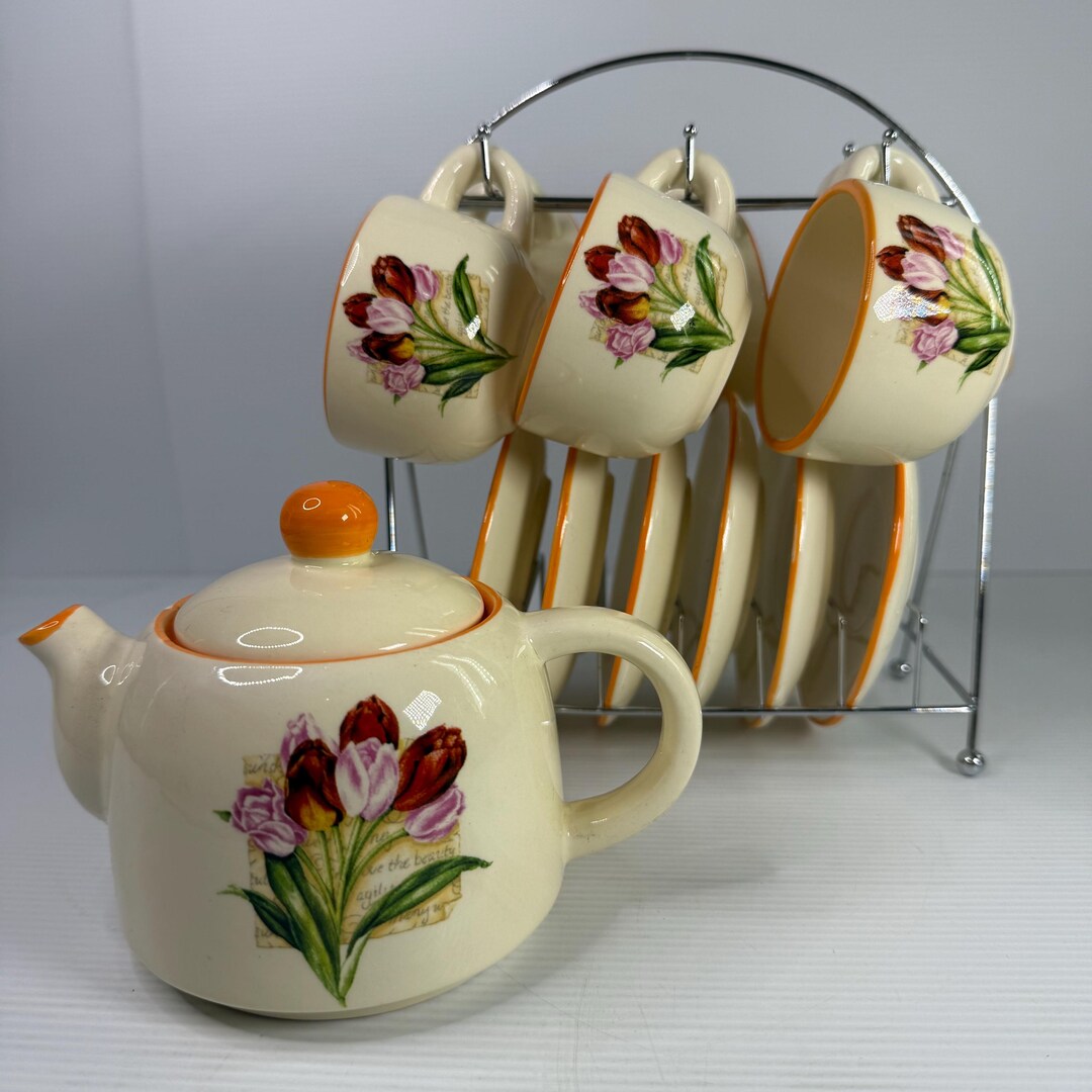 Espresso Tea Set | Wire Rack X6 Cups + Saucers | Tea Pot | Ceramic ...