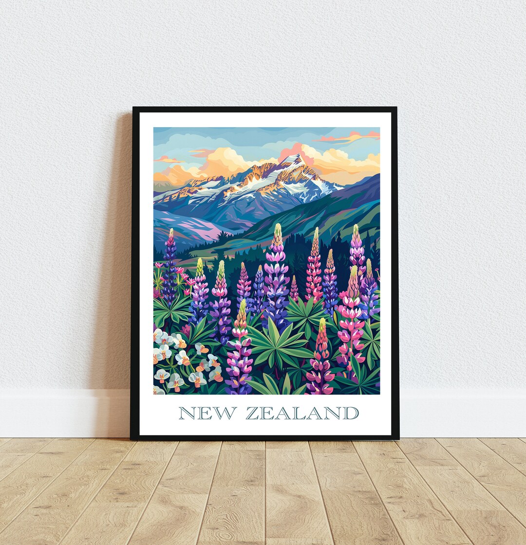 New Zealand Landscape Art Print: Mountain Floral Illustration (digital ...