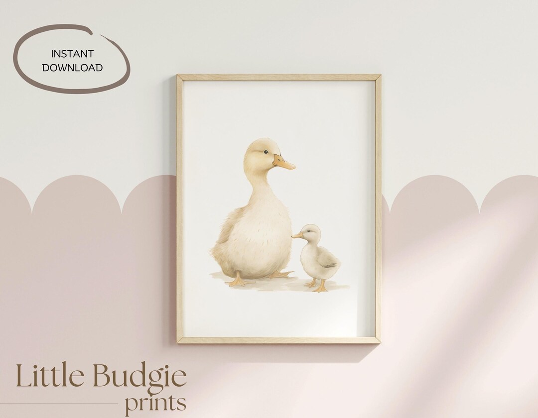 Mama Duck & Duckling Nursery Print: Yellow Farm Animal Art (digital ...