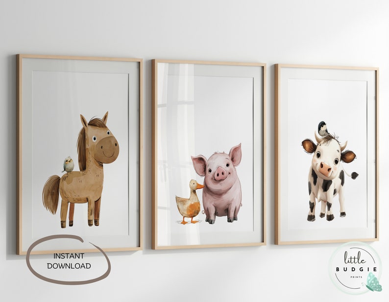 Farm Animal Nursery Decor Prints, Set of 3, Cow, Horse, Pig and Bird ...