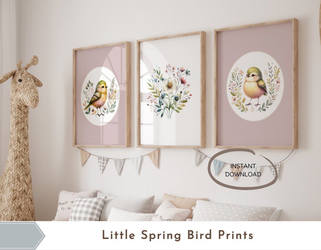 Bird Nursery Decor Prints, Set of 3, Cute Watercolor Little Spring Bird ...