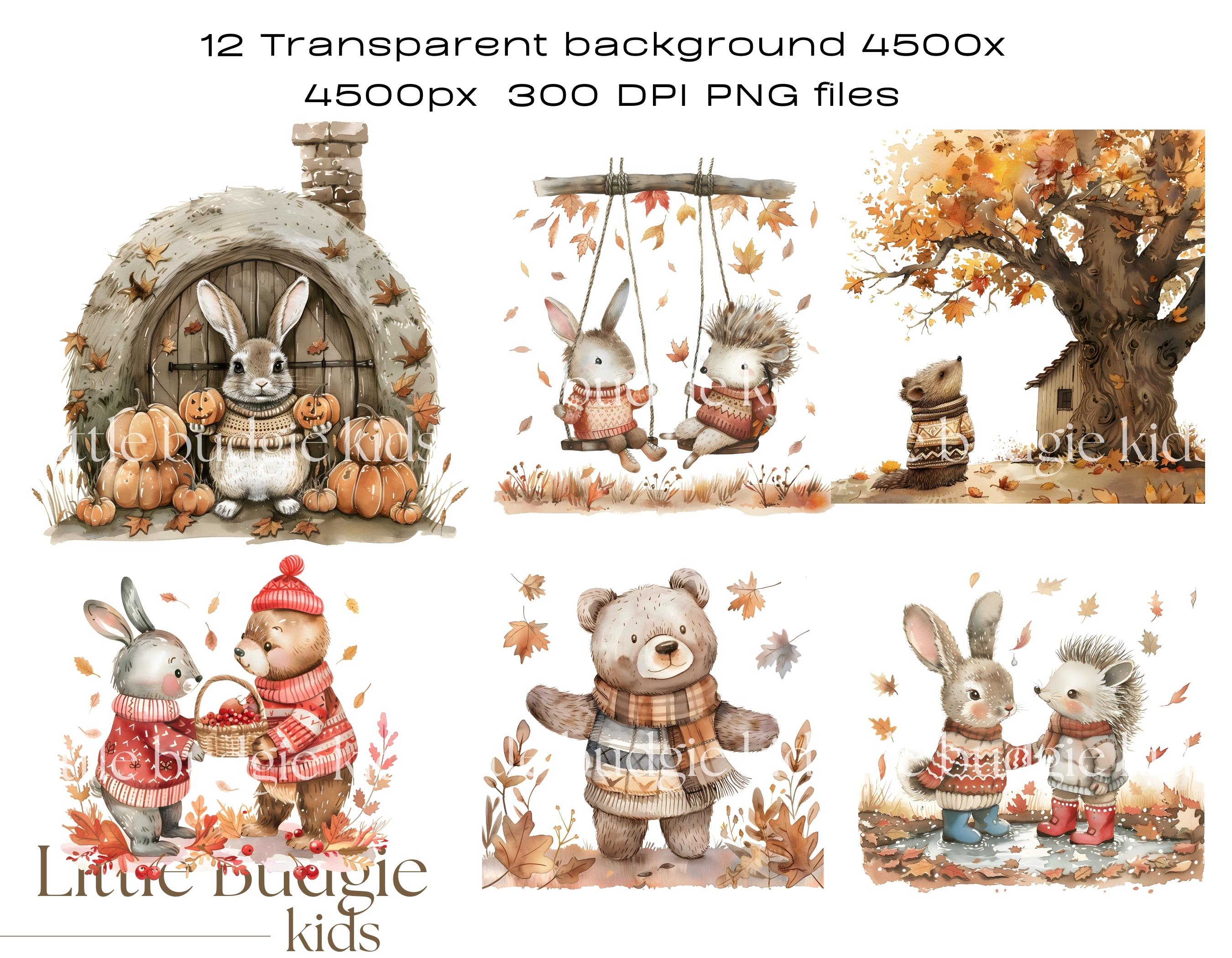 Woodland Bunny Clip Art, Watercolor Autumn Bundle of 12 PNG Clip Art ...