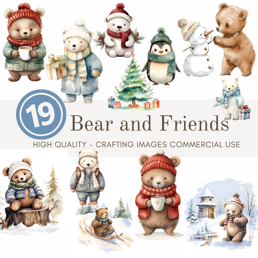 19 Watercolor Christmas Bear Clip Art Bundle: Woodland Animals, Snowman ...
