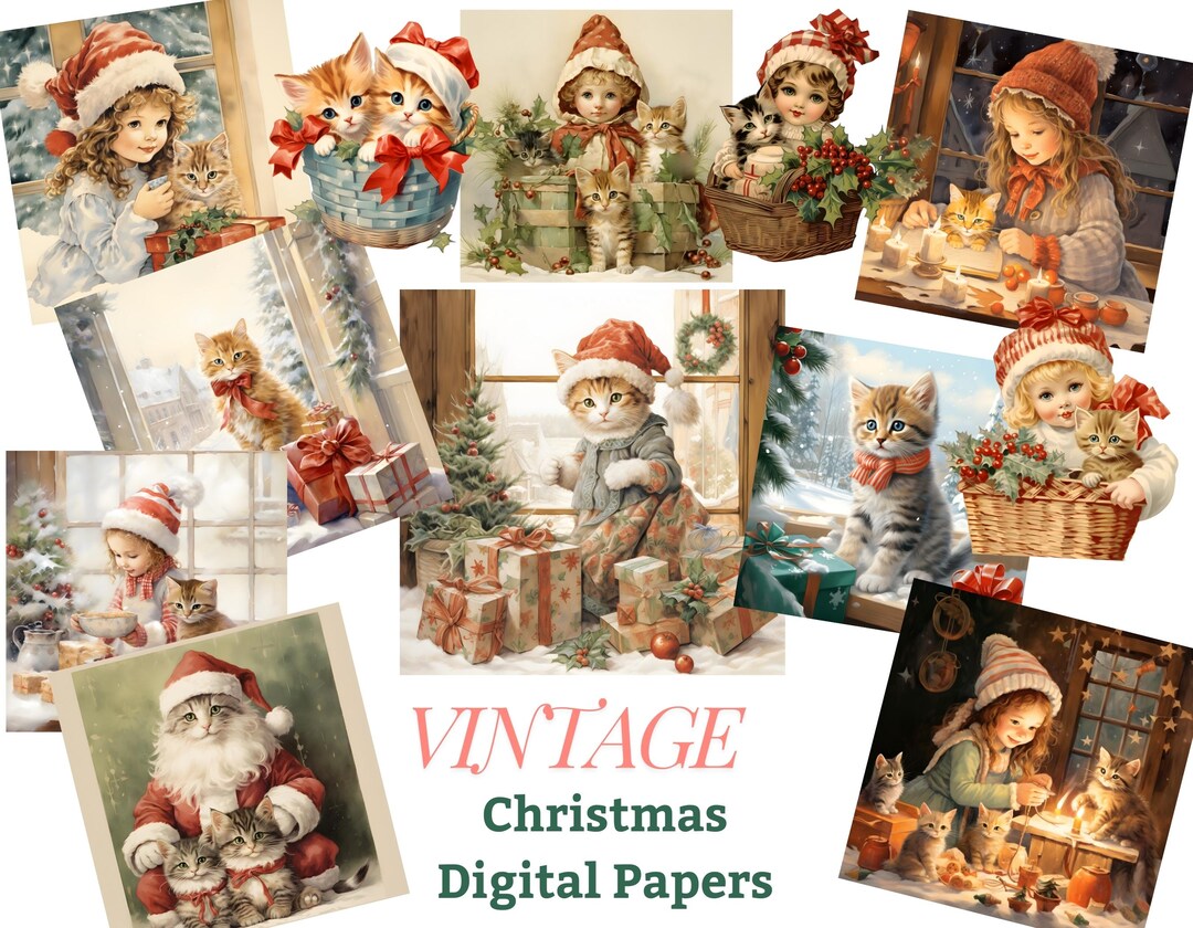 Vintage Cat Christmas Papers, Digital Bundle of 12, Cute Kittens ...