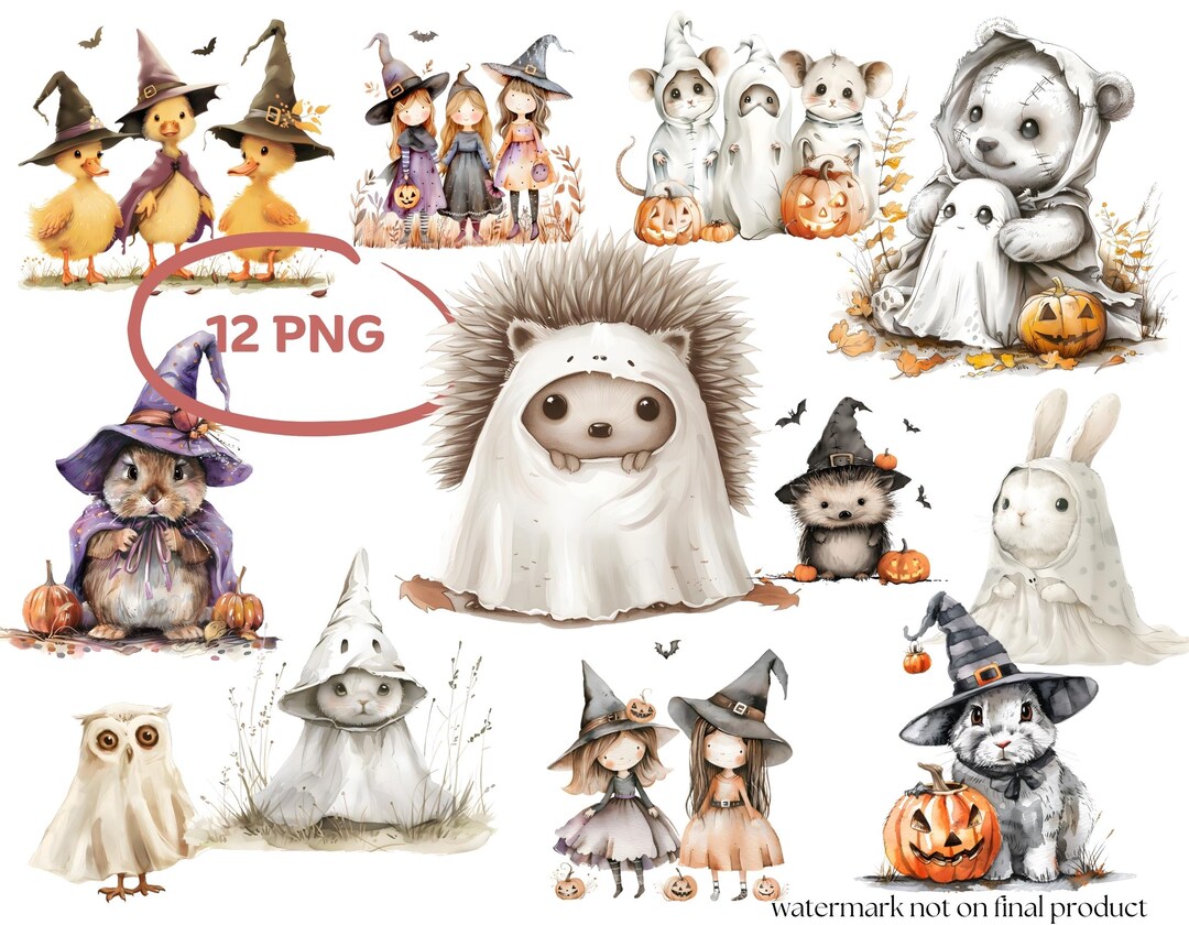 Halloween Animal Clip Art, Cute Ghost and Witch Watercolor Bundle of 12 ...