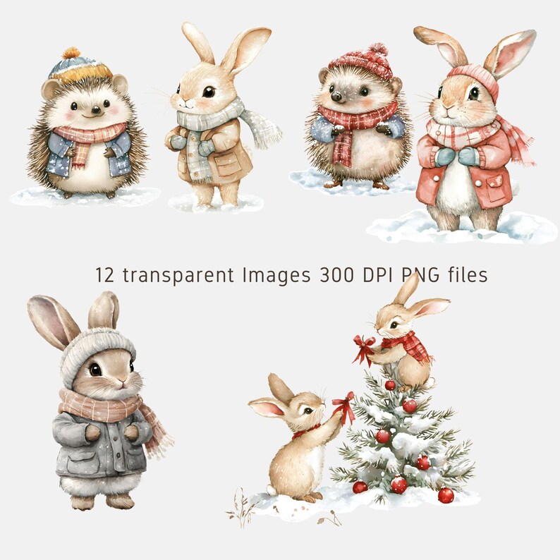 Watercolor Christmas Bunny Clip Art Bundle: Winter Woodland PNG ...