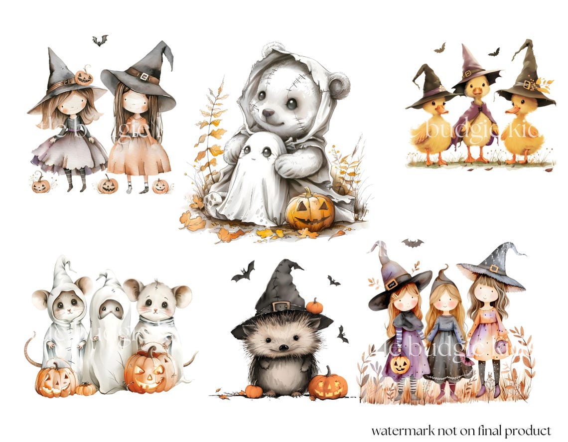 Halloween Animal Clip Art, Cute Ghost and Witch Watercolor Bundle of 12 ...