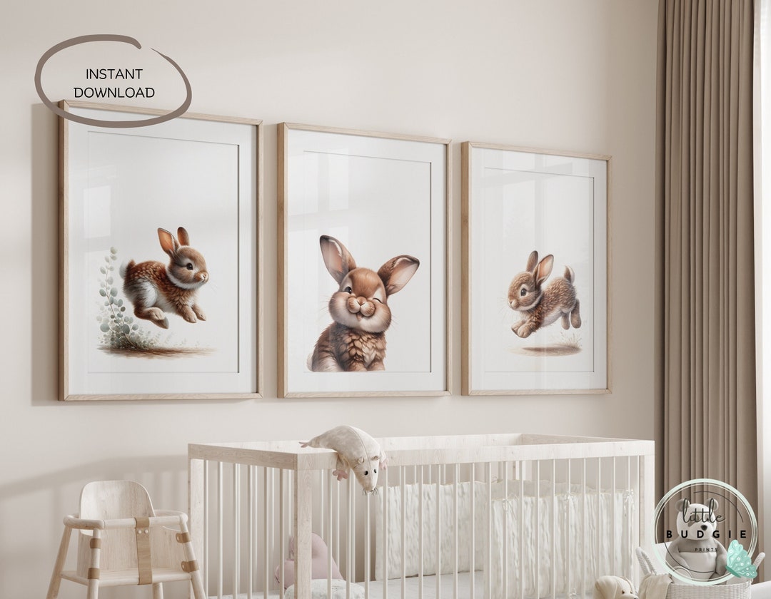Bunny Nursery Prints, Set of 3, Woodland Rabbit Illustration, Cute ...