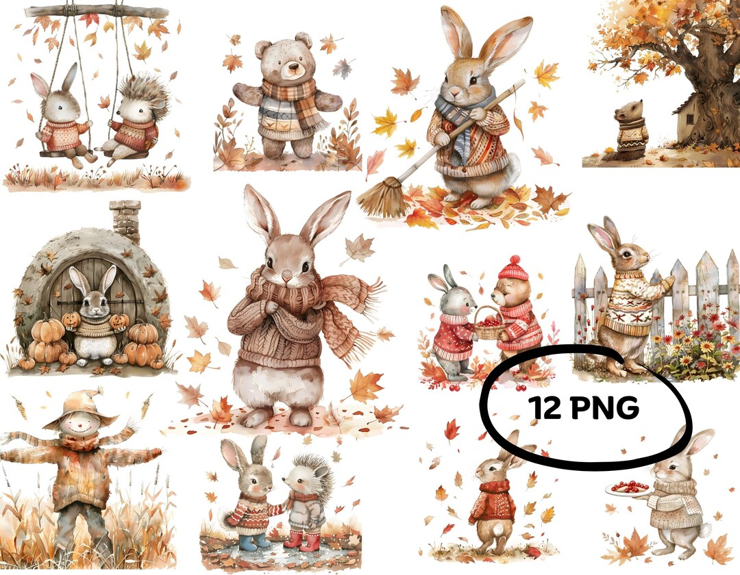 Woodland Bunny Clip Art, Watercolor Autumn Bundle of 12 PNG Clip Art ...