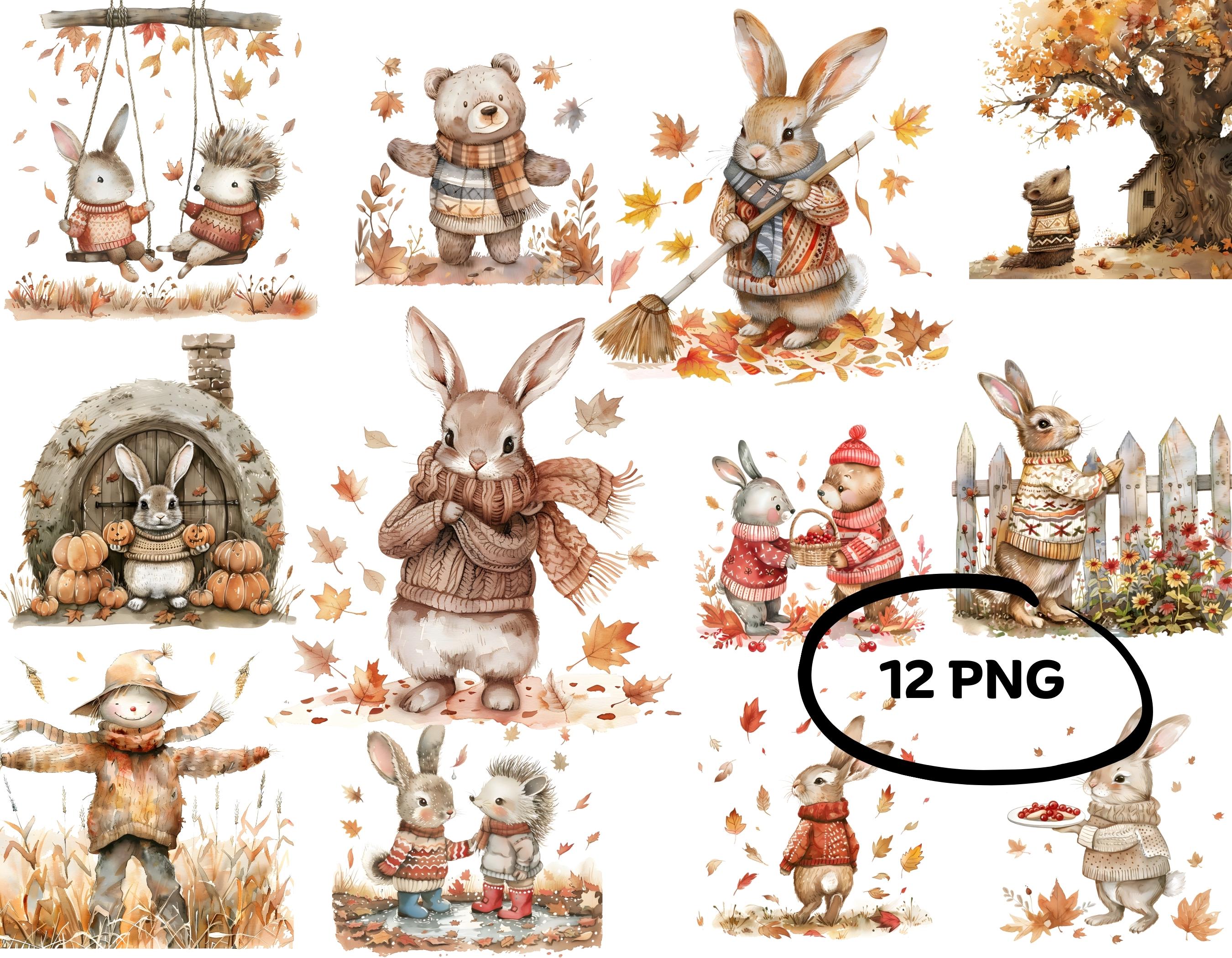 Woodland Bunny Clip Art, Watercolor Autumn Bundle of 12 PNG Clip Art ...