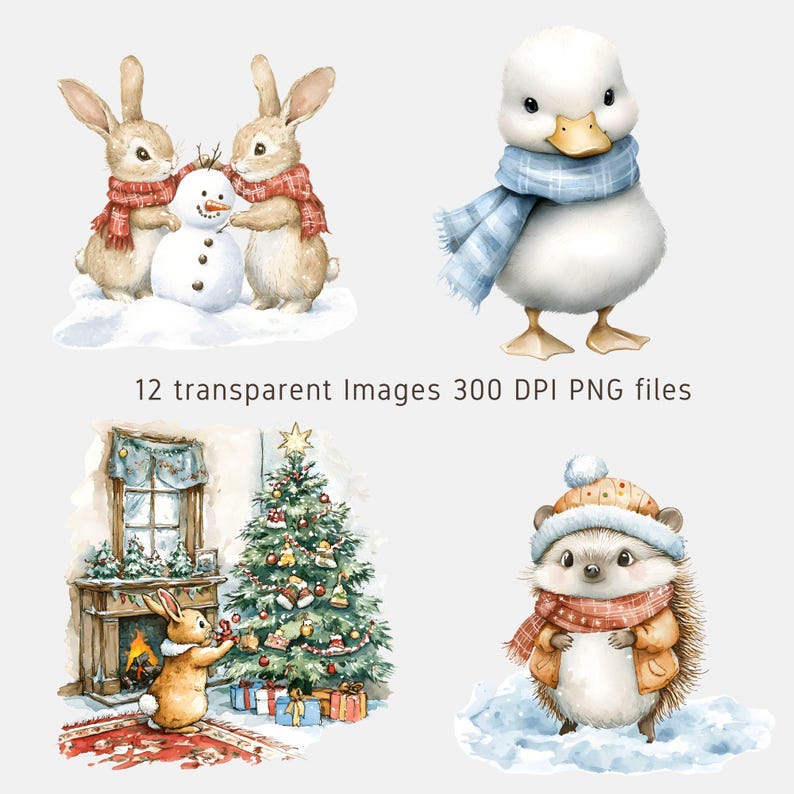 Watercolor Christmas Bunny Clip Art Bundle: Woodland Winter PNG ...