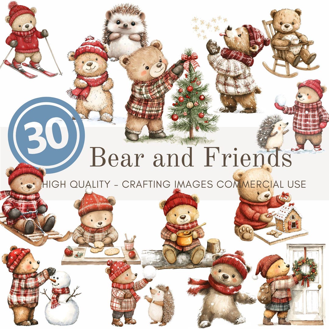 Watercolor Bear Christmas Clip Art Bundle: Winter Woodland PNG ...