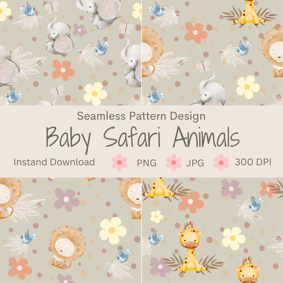 Baby Safari Animals, Seamless Patterns, Digital Paper, for Fabric, Home ...