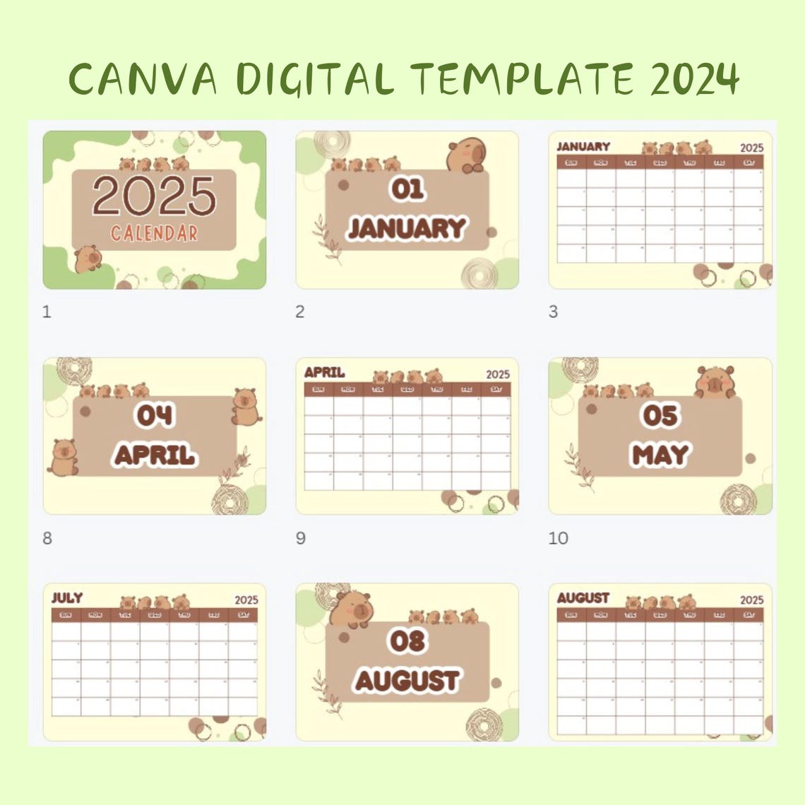 Capybara Calendar 2025 Template, Canva Digital Template, Editable ...