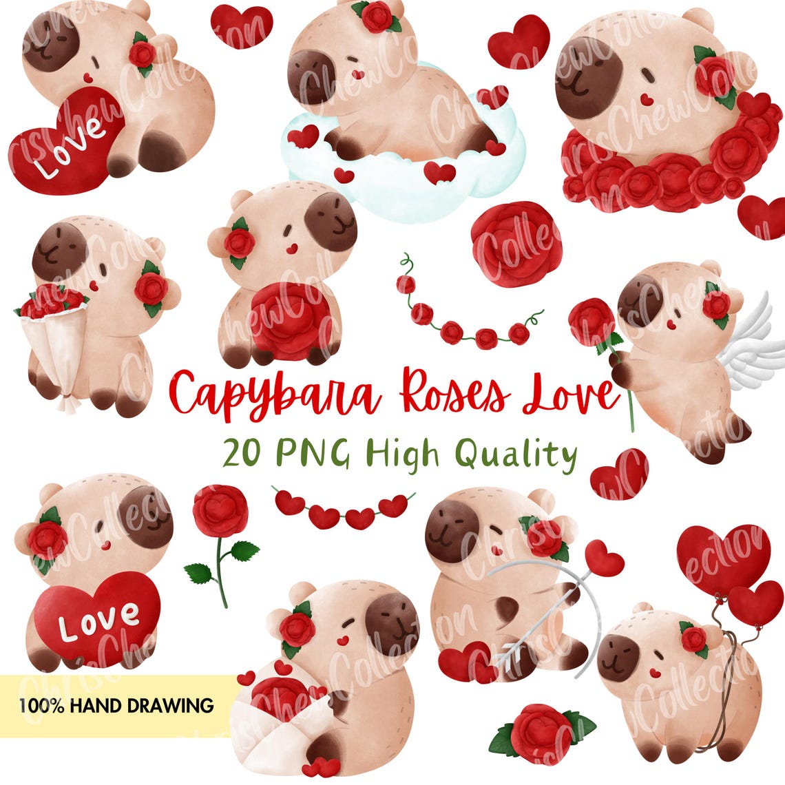 Capybara Roses Valentine Cute Clipart 20PNG Capybara Clipart Bundle ...