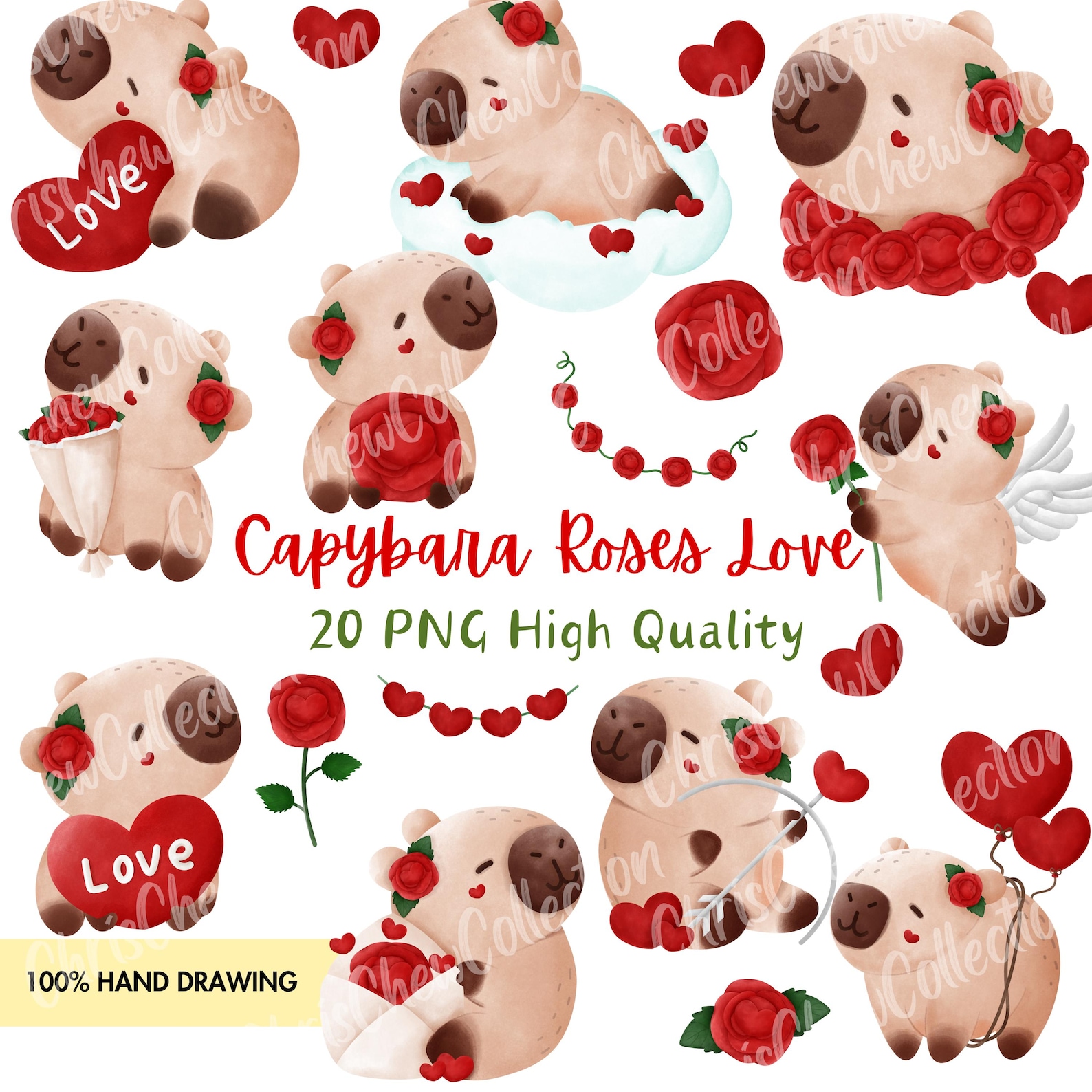 Capybara Roses Valentine Cute Clipart 20PNG Capybara Clipart Bundle ...