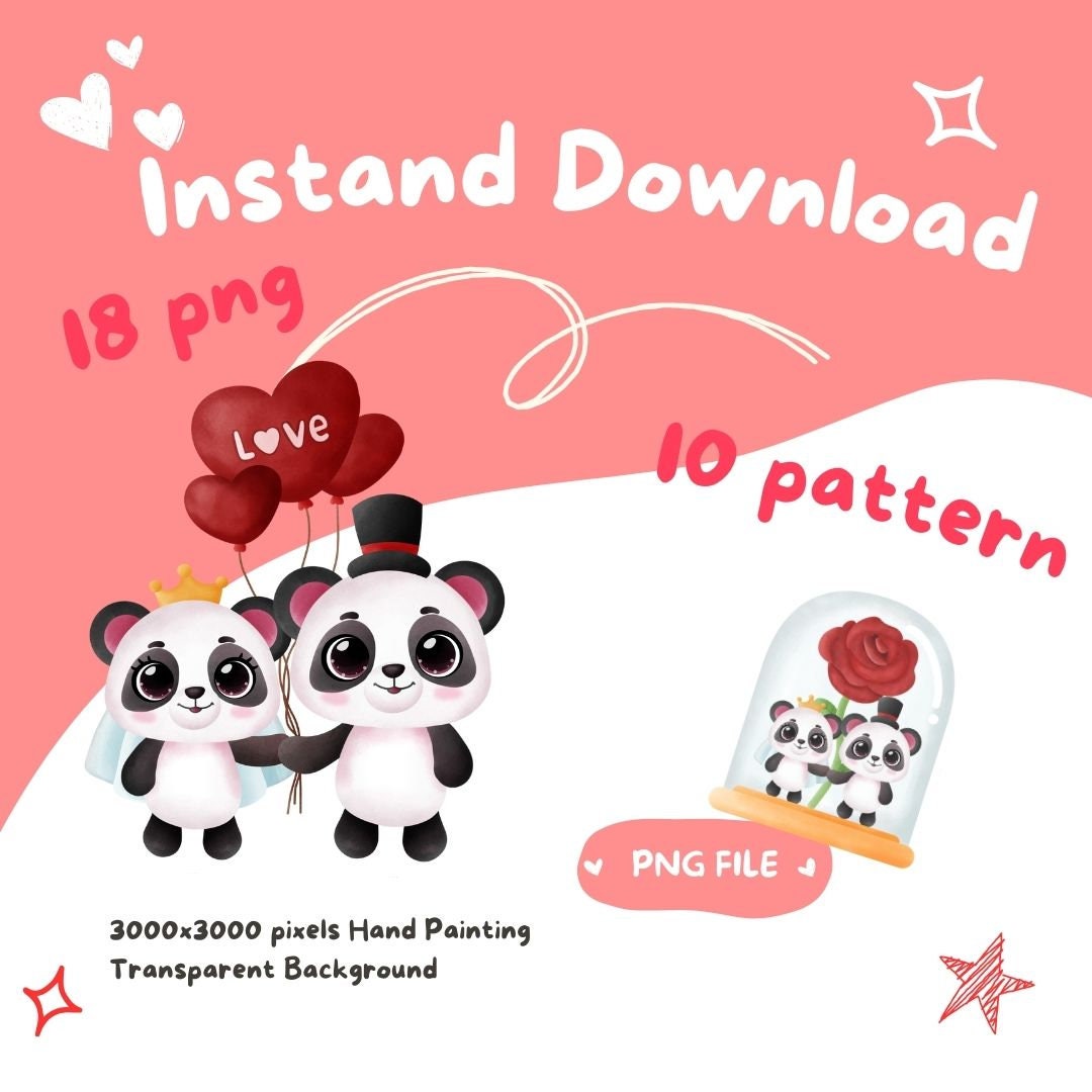 18 Panda Valentine Clipart Transparent 300 DPI With 10 Pattern - Etsy