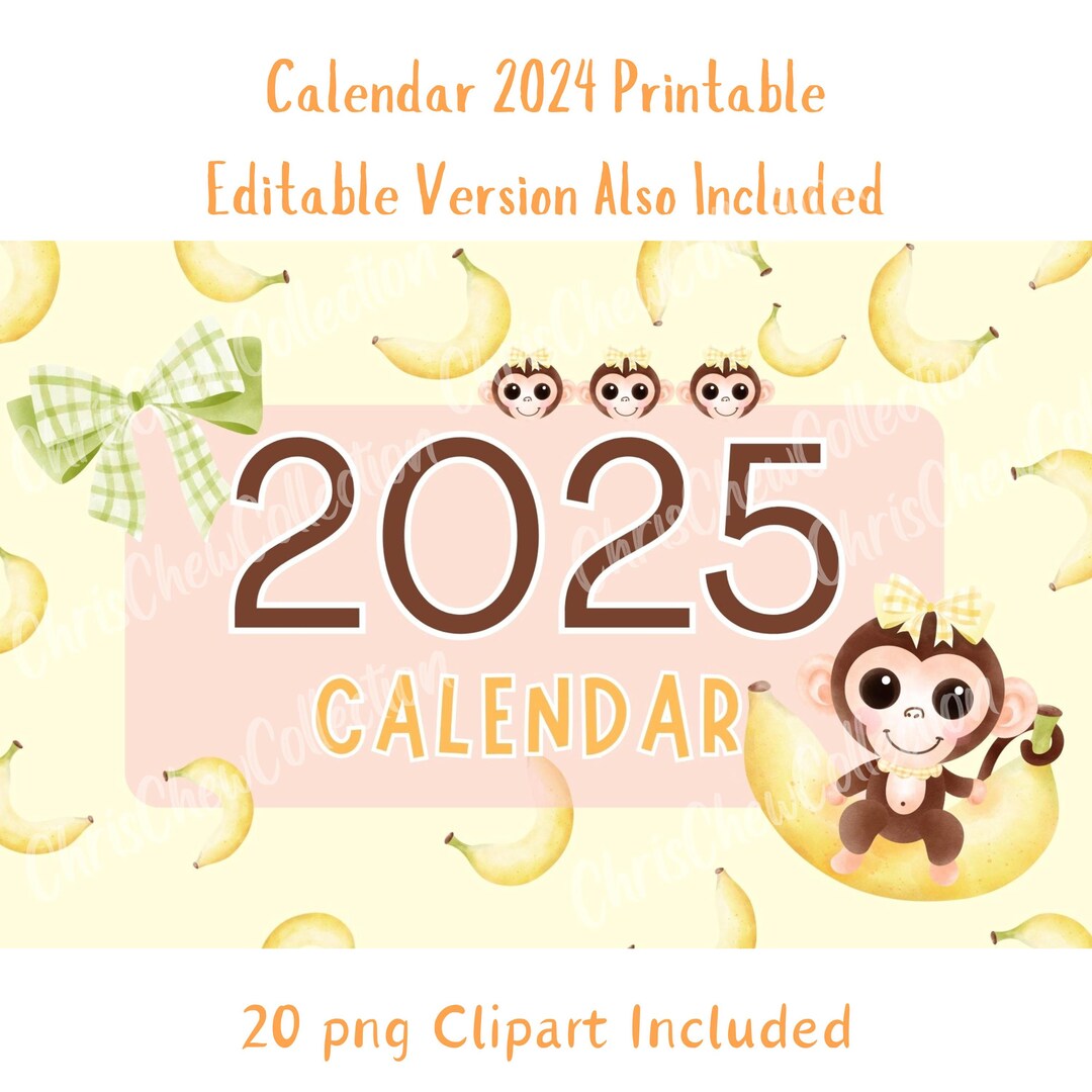 Monkey Calendar 2025 Template, Canva Digital Template, Editable Version ...