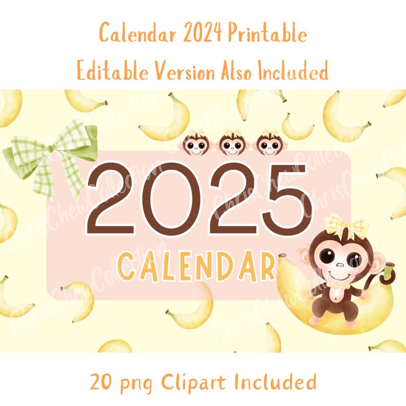 Monkey Calendar 2025 Template, Canva Digital Template, Editable Version ...