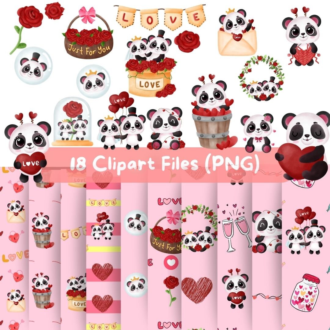18 Panda Valentine Clipart Transparent 300 DPI With 10 Pattern - Etsy