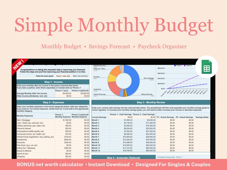 Monthly Budget Spreadsheet Paycheck & Monthly Budget Planner Google ...