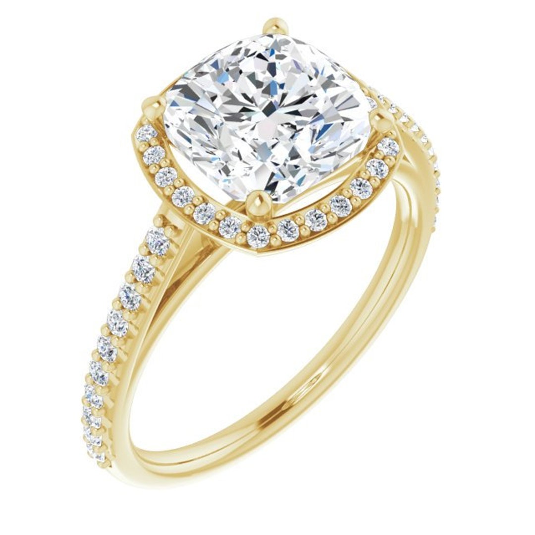 14K Yellow Lab Grown Cusion Diamond Ring /lab Diamond Halo Ring ...