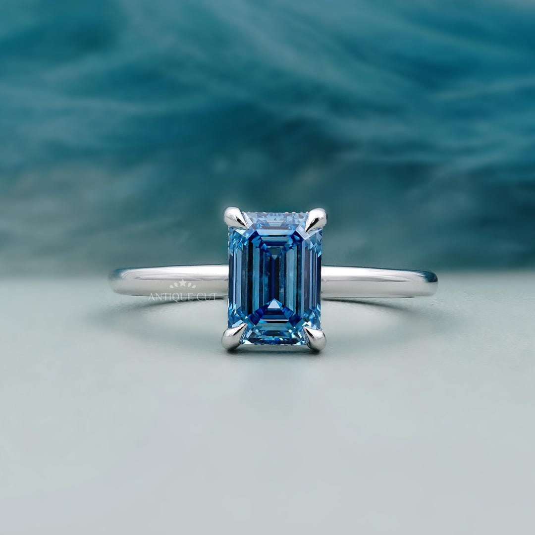 Fancy Blue Diamond Ring | Emerald Solitaire Engagement Ring With 4 ...