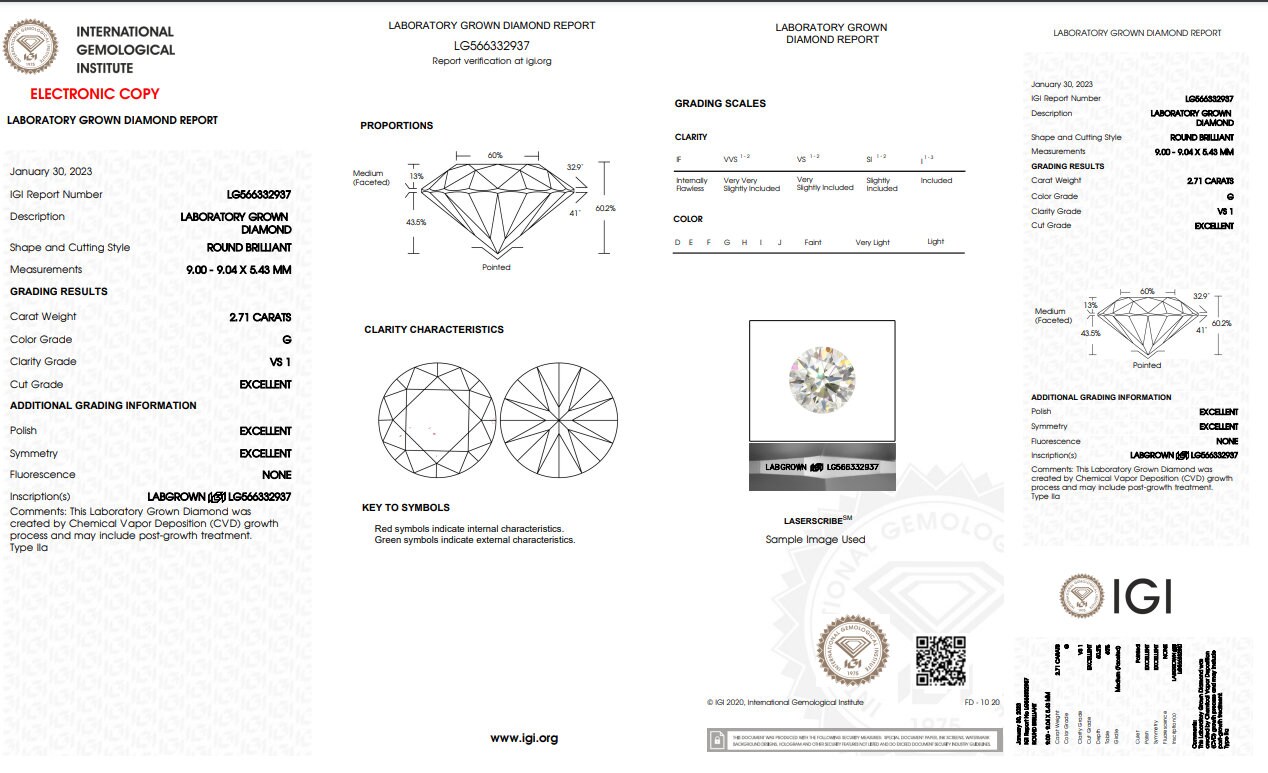 Round 2.71ct G VS1 / IGI Certified Diamond / Ideal Cut Loose Lab Grown ...