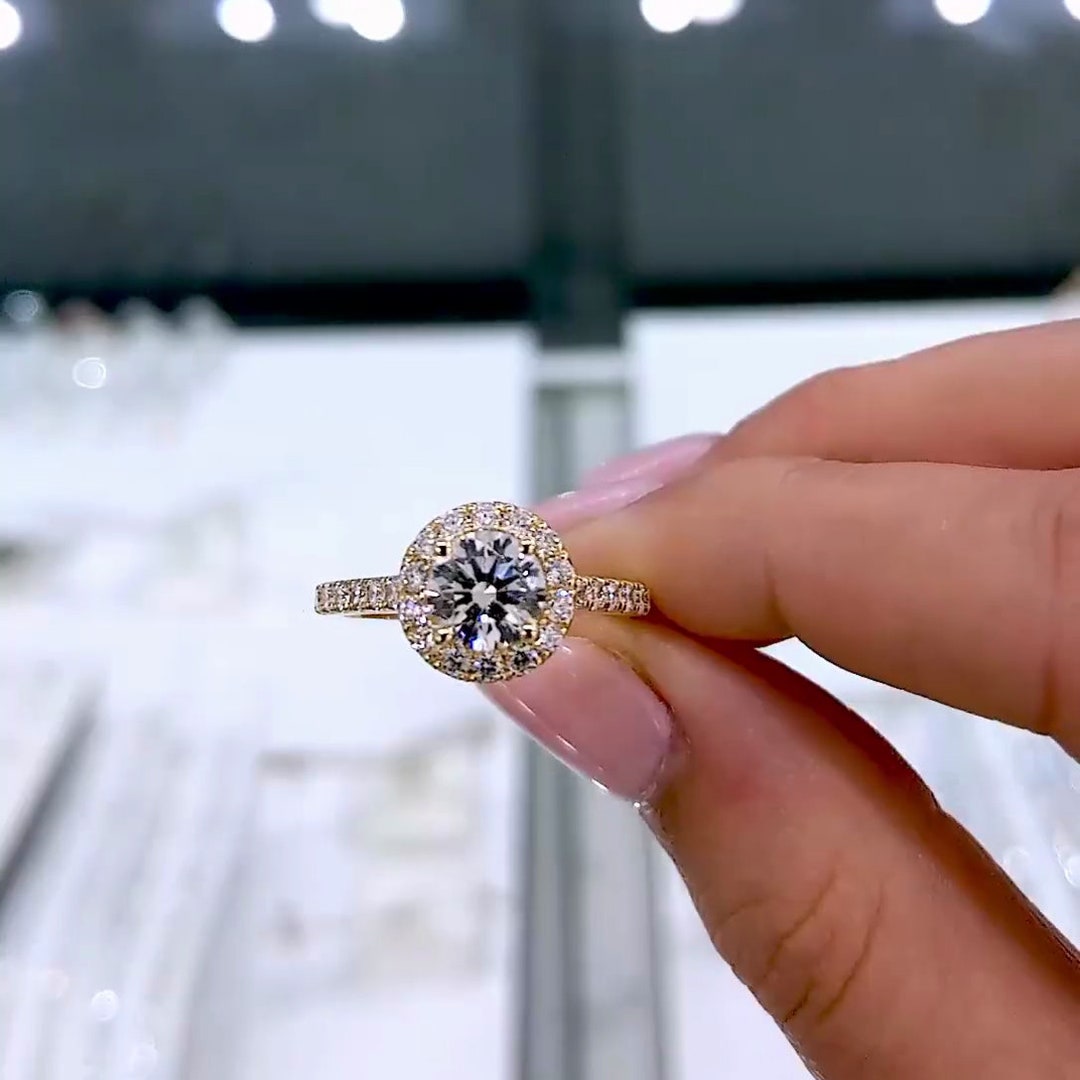 Round 1.30tcw Lab Diamond Halo Cathedral Pave Ring | IGI Certified | D ...