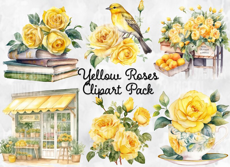 Watercolor Yellow Rose Clipart Bundle, Flower Clipart, Cottagecore ...