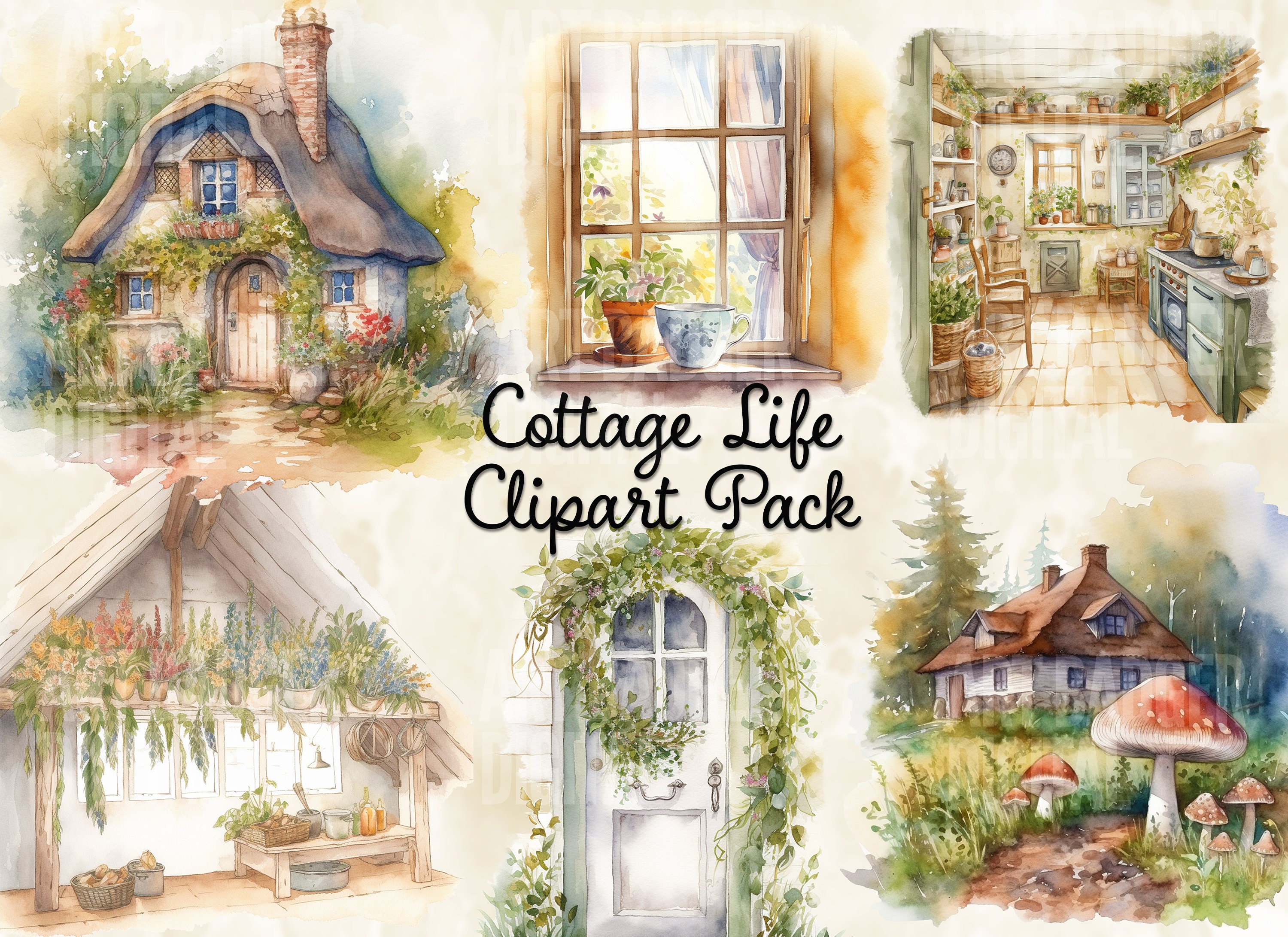 Watercolor Cottage Life Clipart Pack, PNG, Instant Download ...