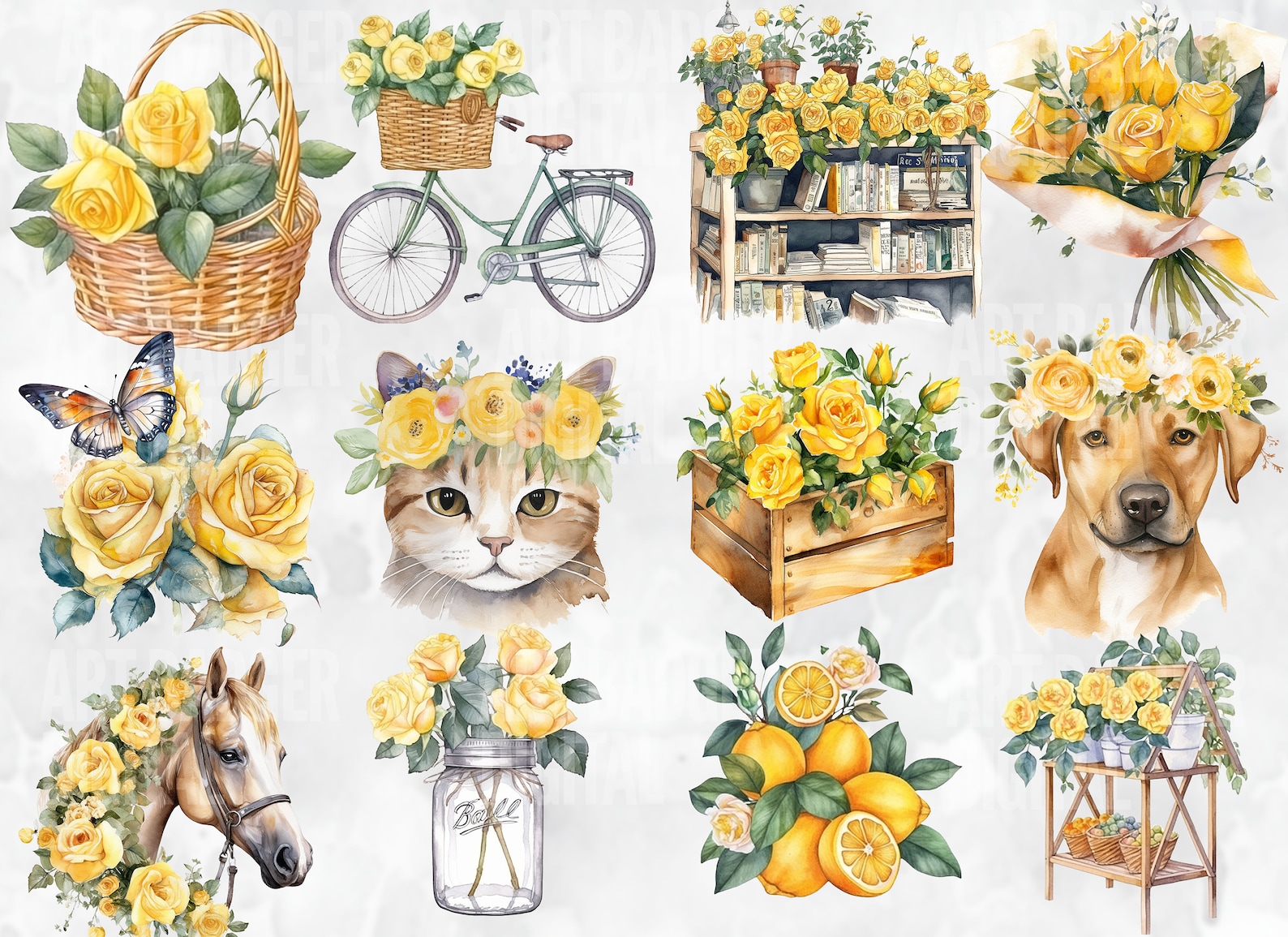 Watercolor Yellow Rose Clipart Bundle, Flower Clipart, Cottagecore ...