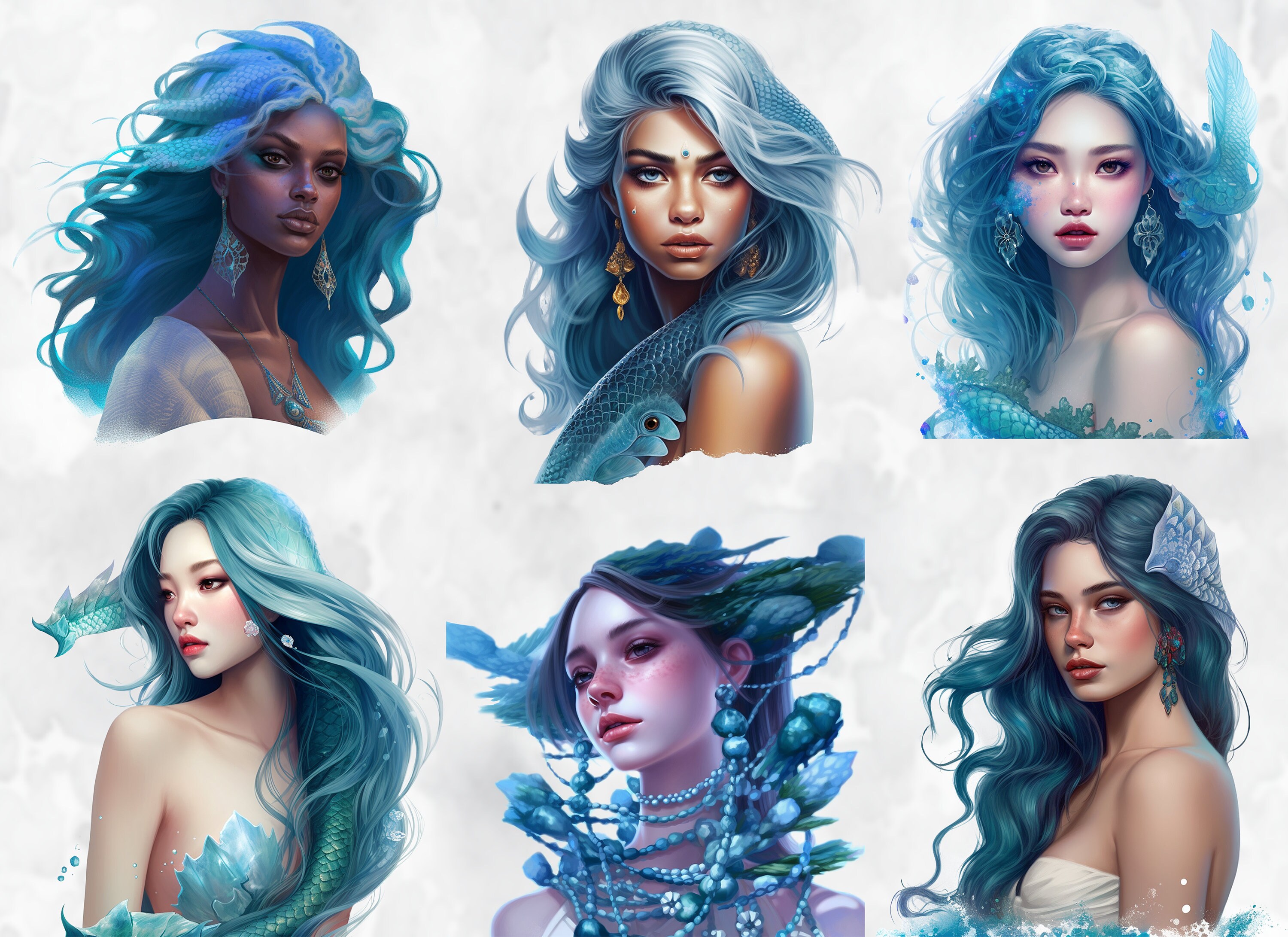 Watercolor Blue Mermaid Clipart Pack, Mermaid Princess Clipart ...