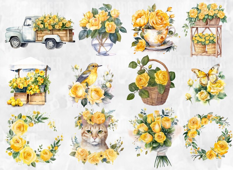 Watercolor Yellow Rose Clipart Bundle, Flower Clipart, Cottagecore ...