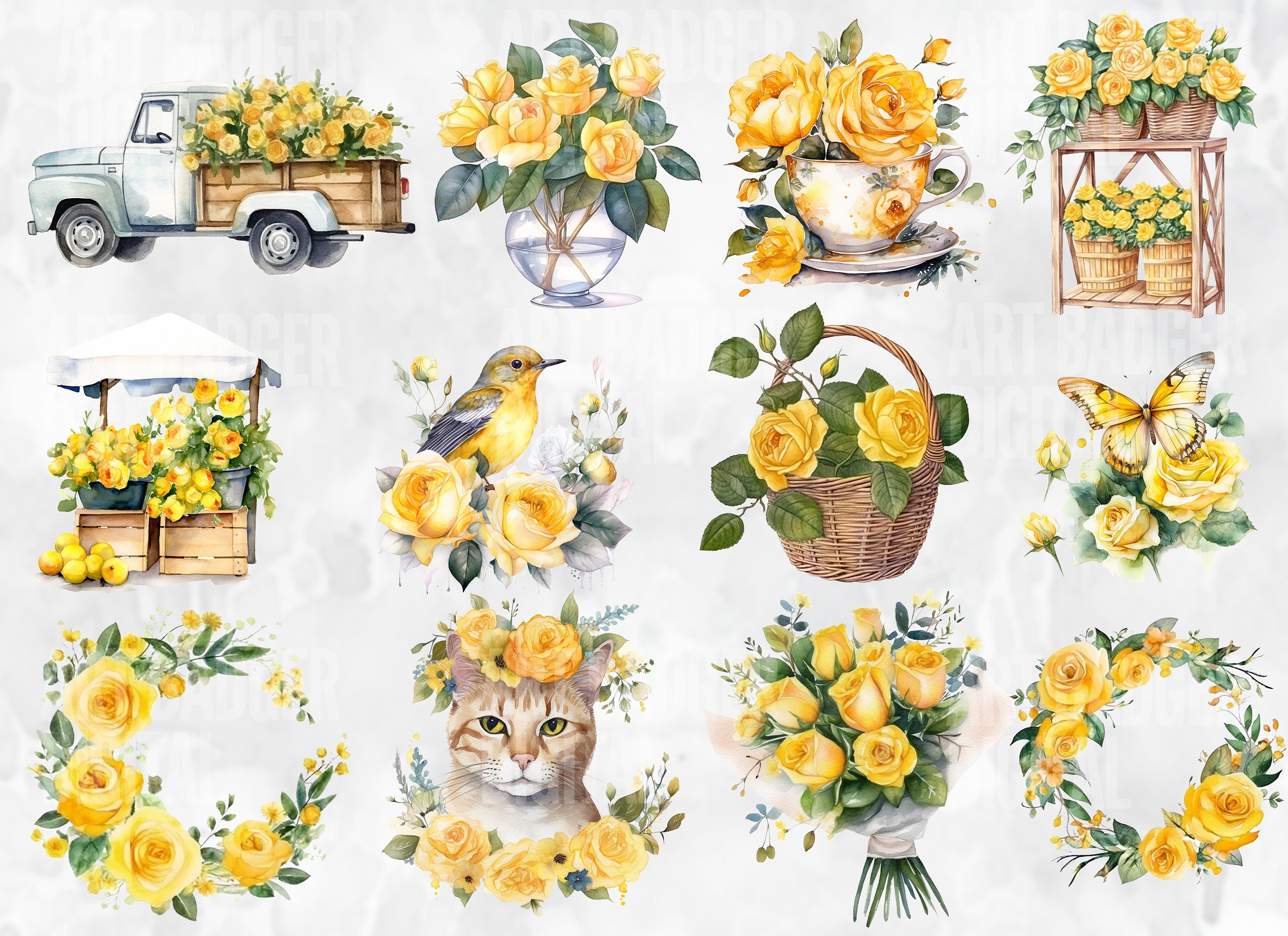 Watercolor Yellow Rose Clipart Bundle, Flower Clipart, Cottagecore ...